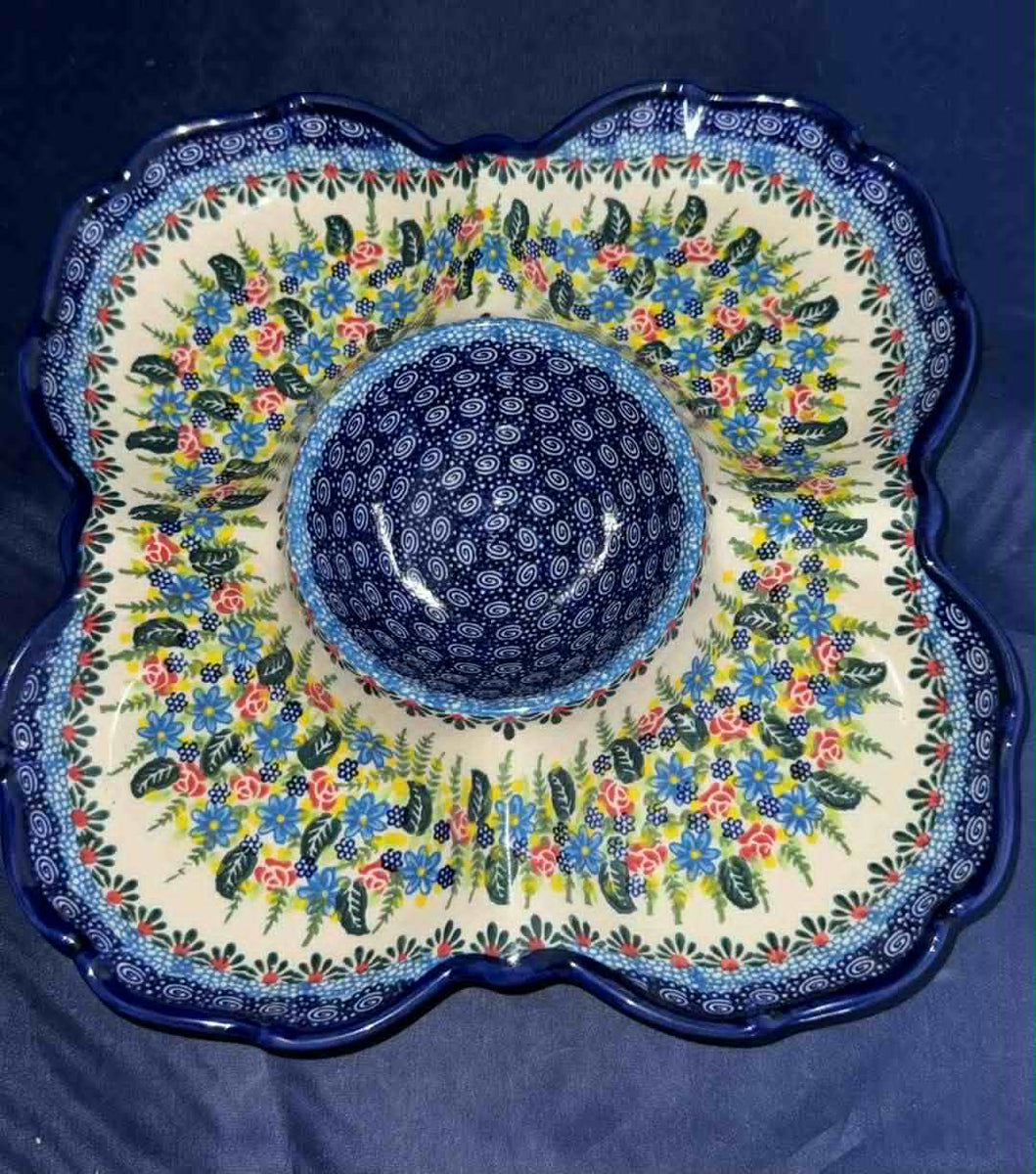 Kalich Blue Daisy & Roses Chip & Dip Holder – Polish Pottery Pantry